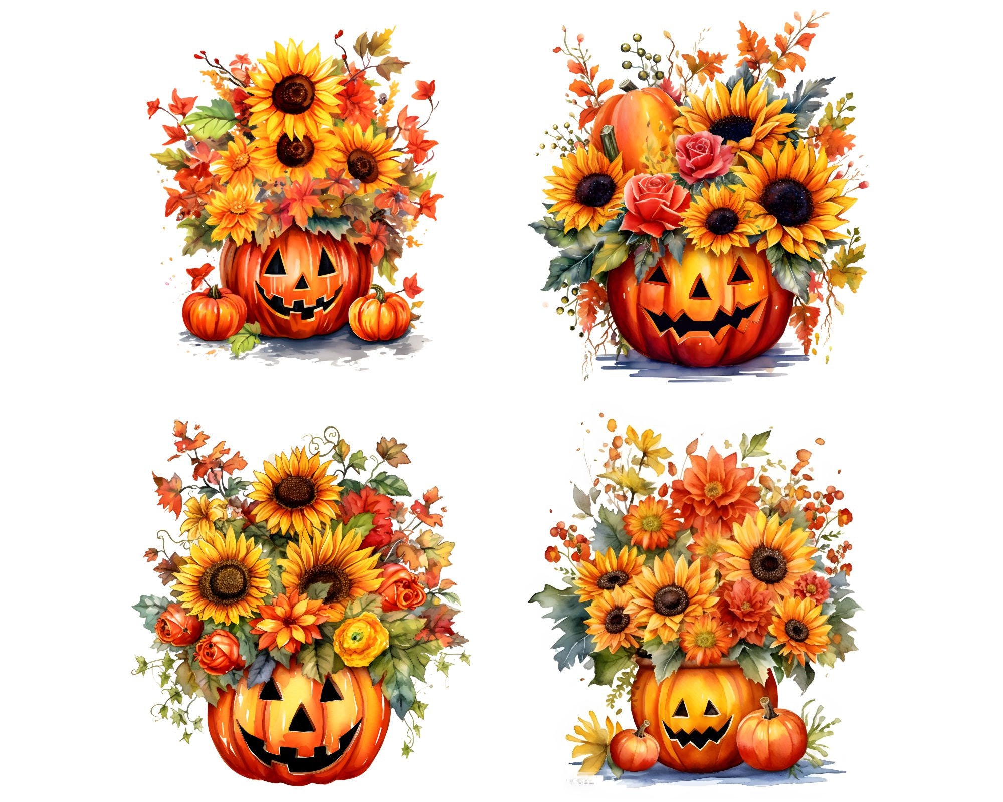 Pumpkin Pot Halloween Flowers Clipart, 14 Jpgs, Watercolor Halloween ...