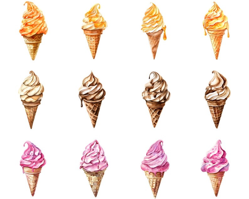Watercolor Ice Cream Cone Clipart: 120 PNG Summer Dessert Illustrations ...