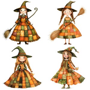 Cute Little Witch Clipart, 20 JPG, Patchwork Witch Clip Art, Card ...