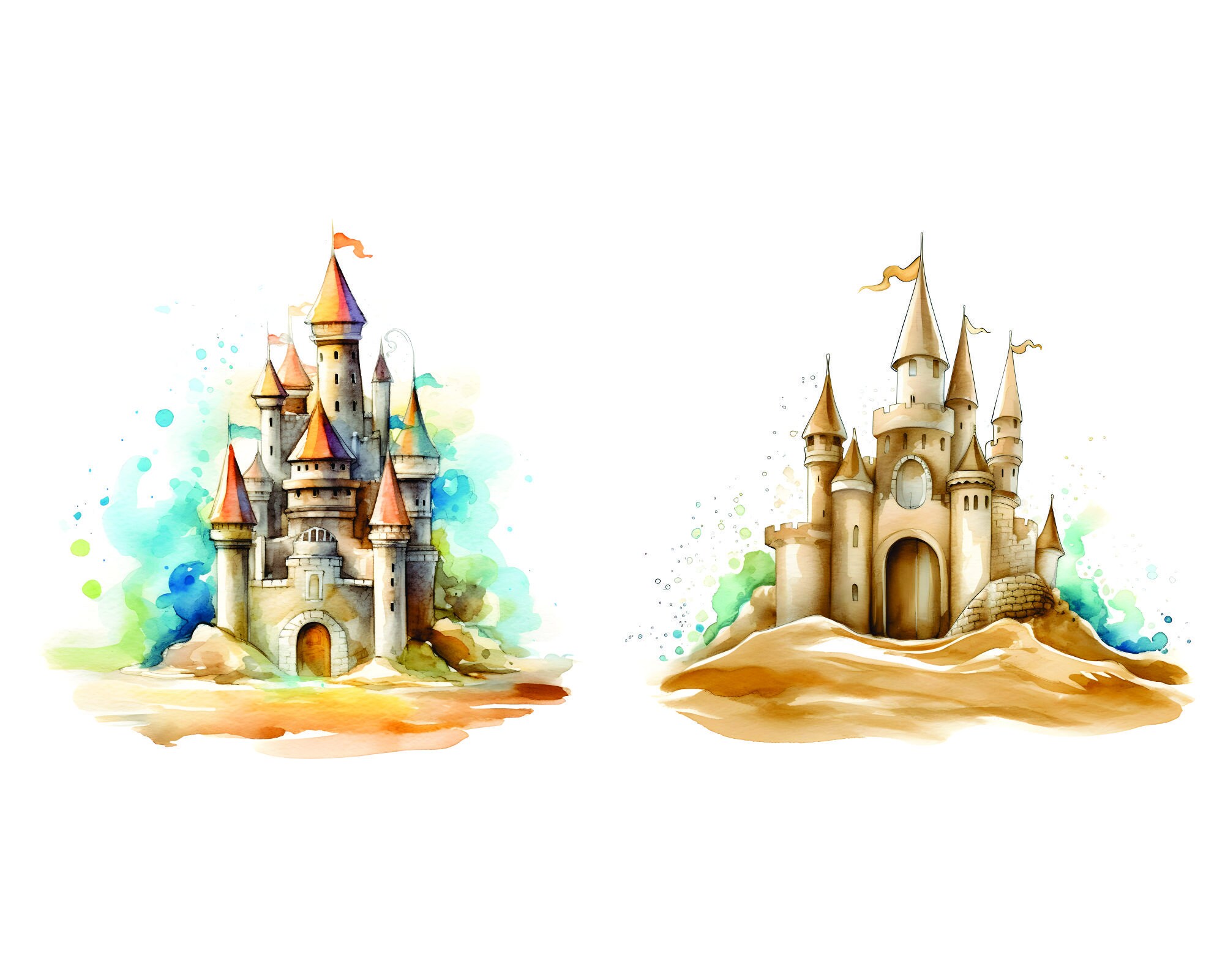 Sandcastle Clipart, 12 Jpgs, Sand Castle Clipart, Watercolor Beach ...
