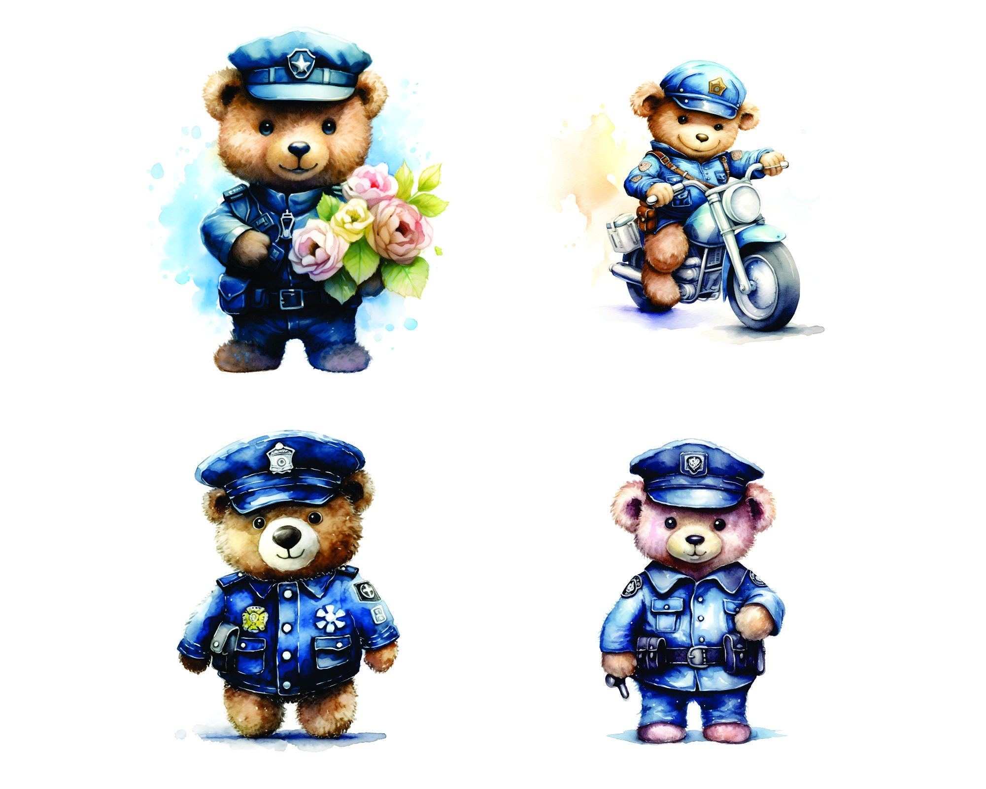 Teddy Bear Watercolor Clipart Police Teddy Bear Teddy Bear - Etsy