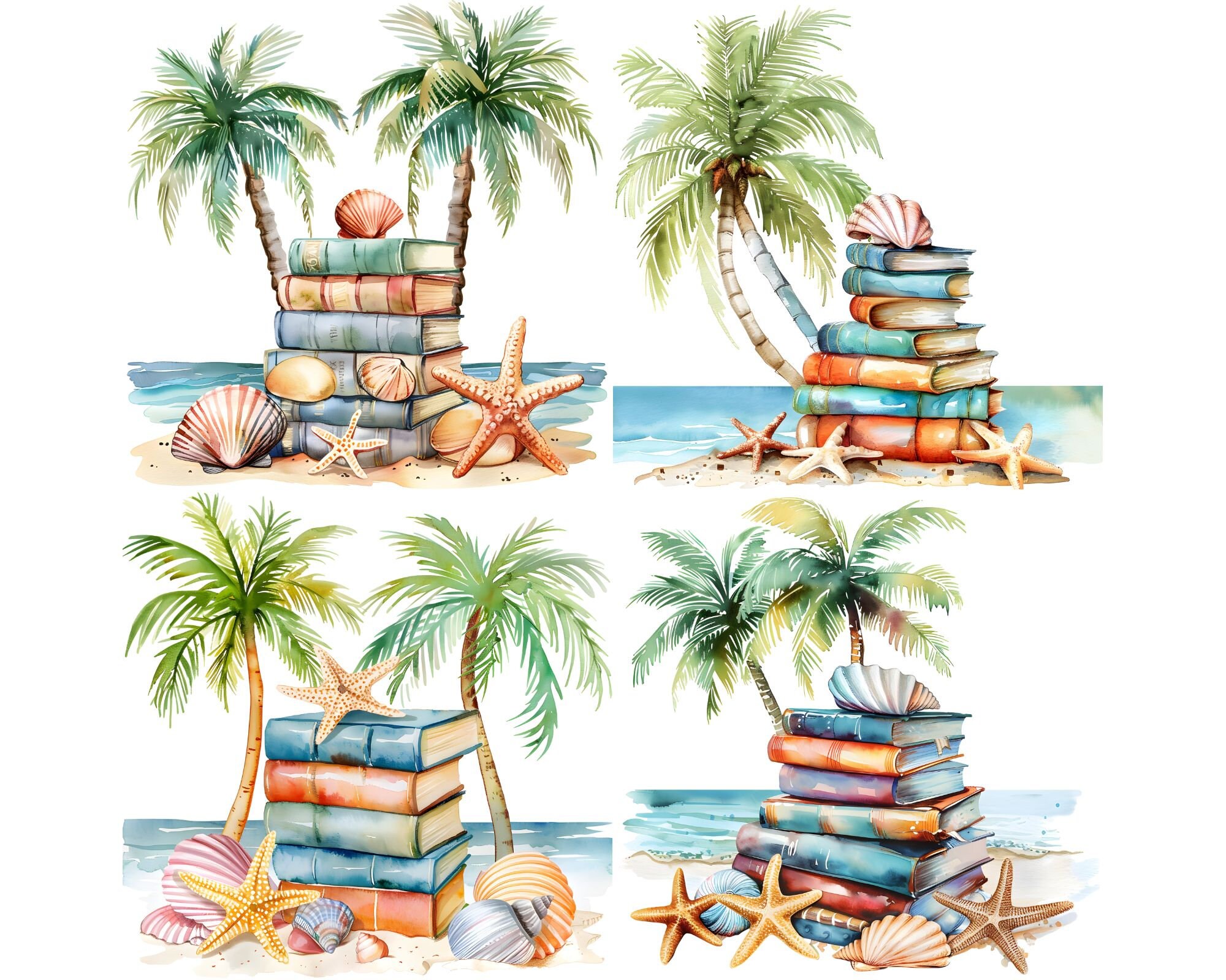 Beach Books Clipart: Watercolor Stack of Books, Summer Theme (digital ...