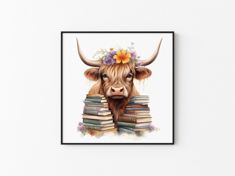 Highland Cow Clipart, 16 Jpgs, Stack of Books and Highland Cow ...