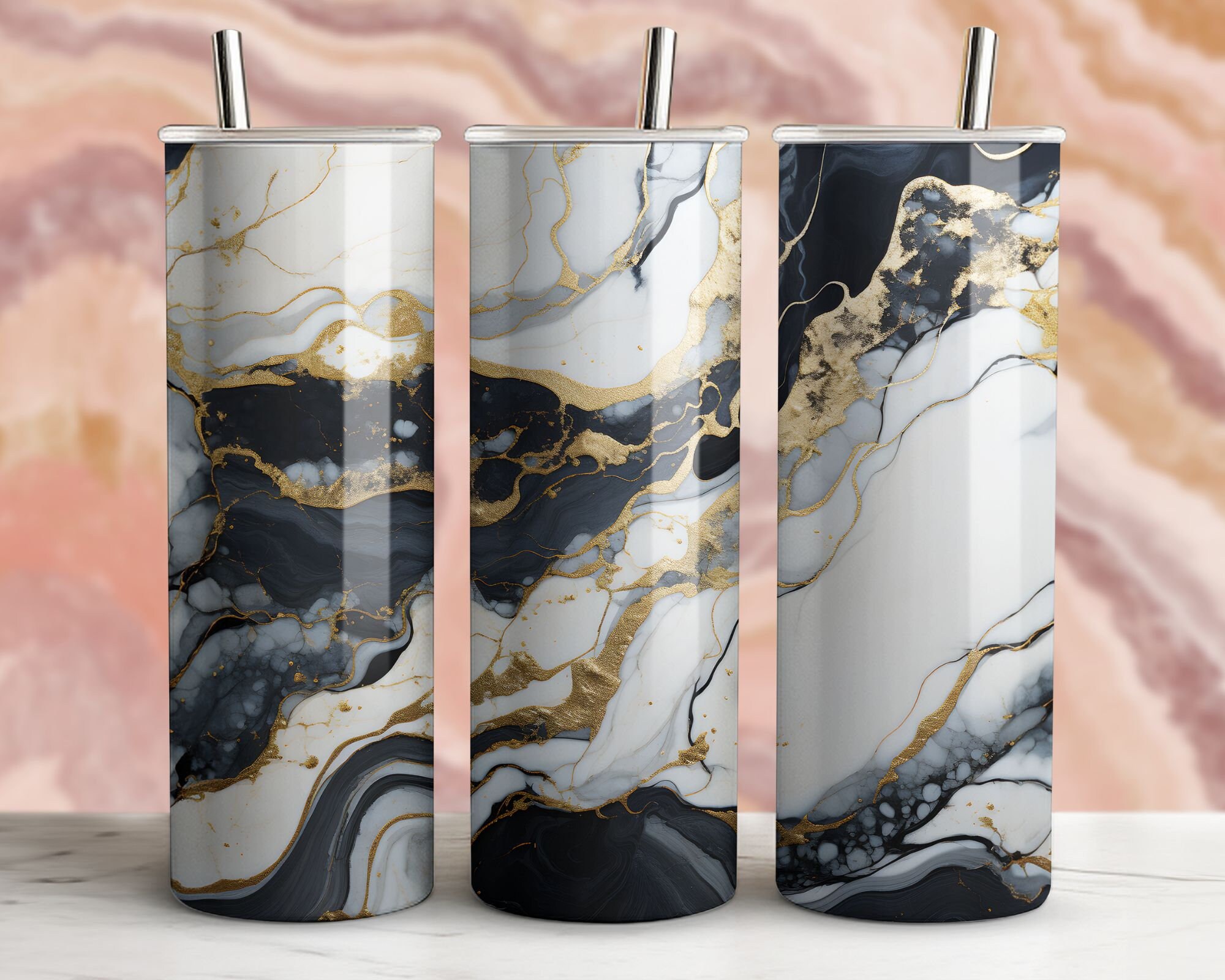 Black White Gold Marble Tumbler Wrap, Skinny Tumbler PNG, Sublimation ...