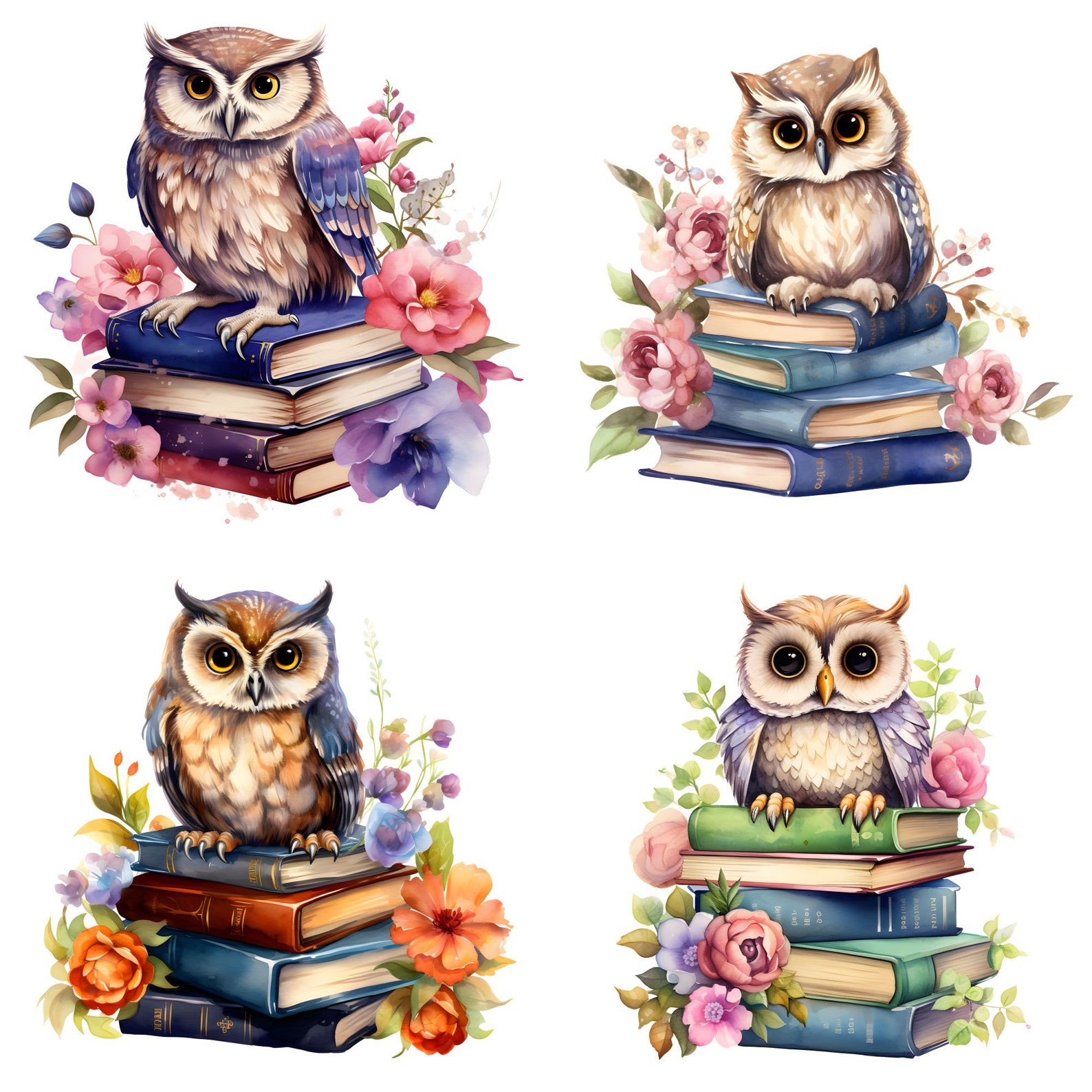 Owl Sitting on A Stack of Books Clipart, 16 Jpgs, Watercolor Books, Owl ...