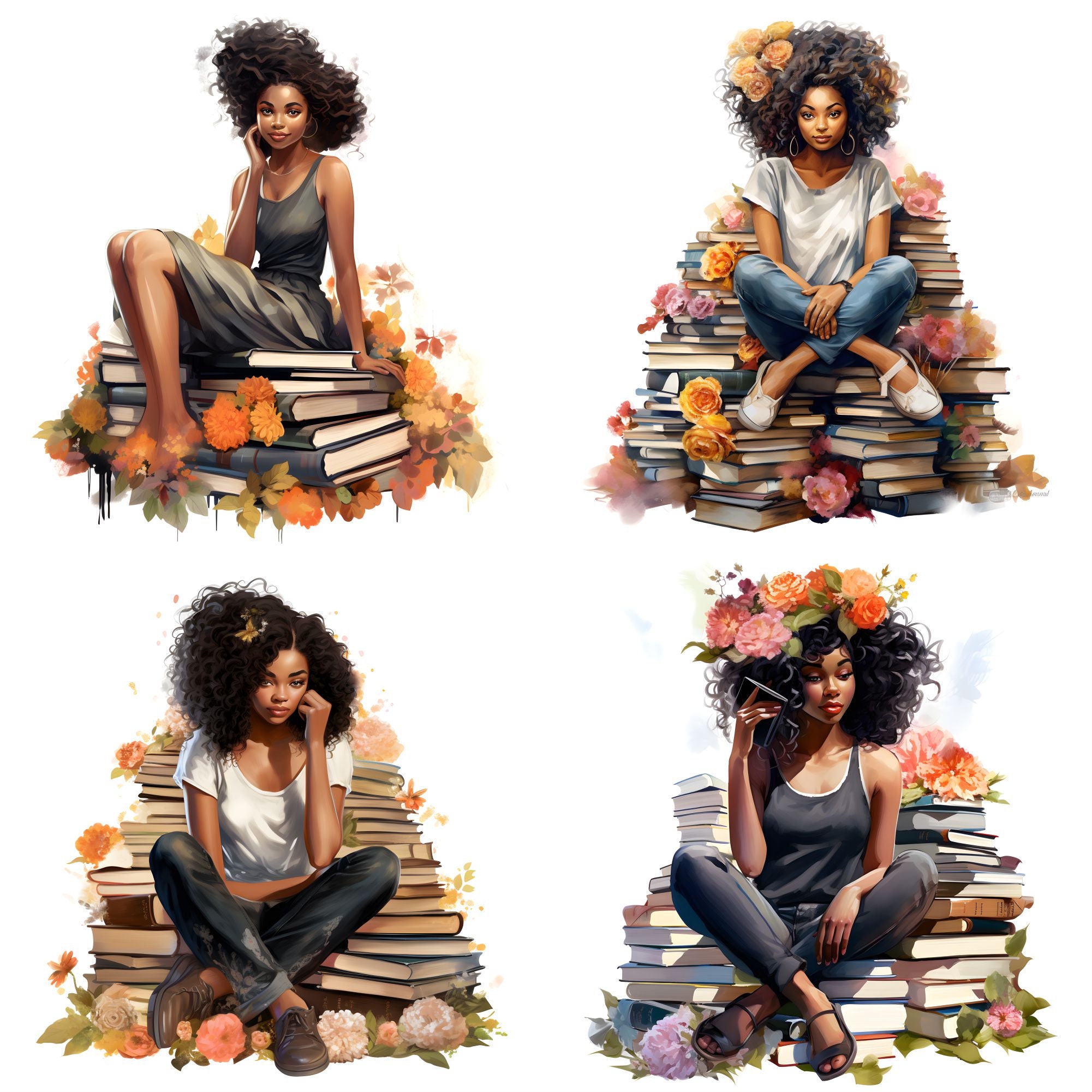 Black Girl Reading Clipart: Back to School, Books Jpgs (digital ...