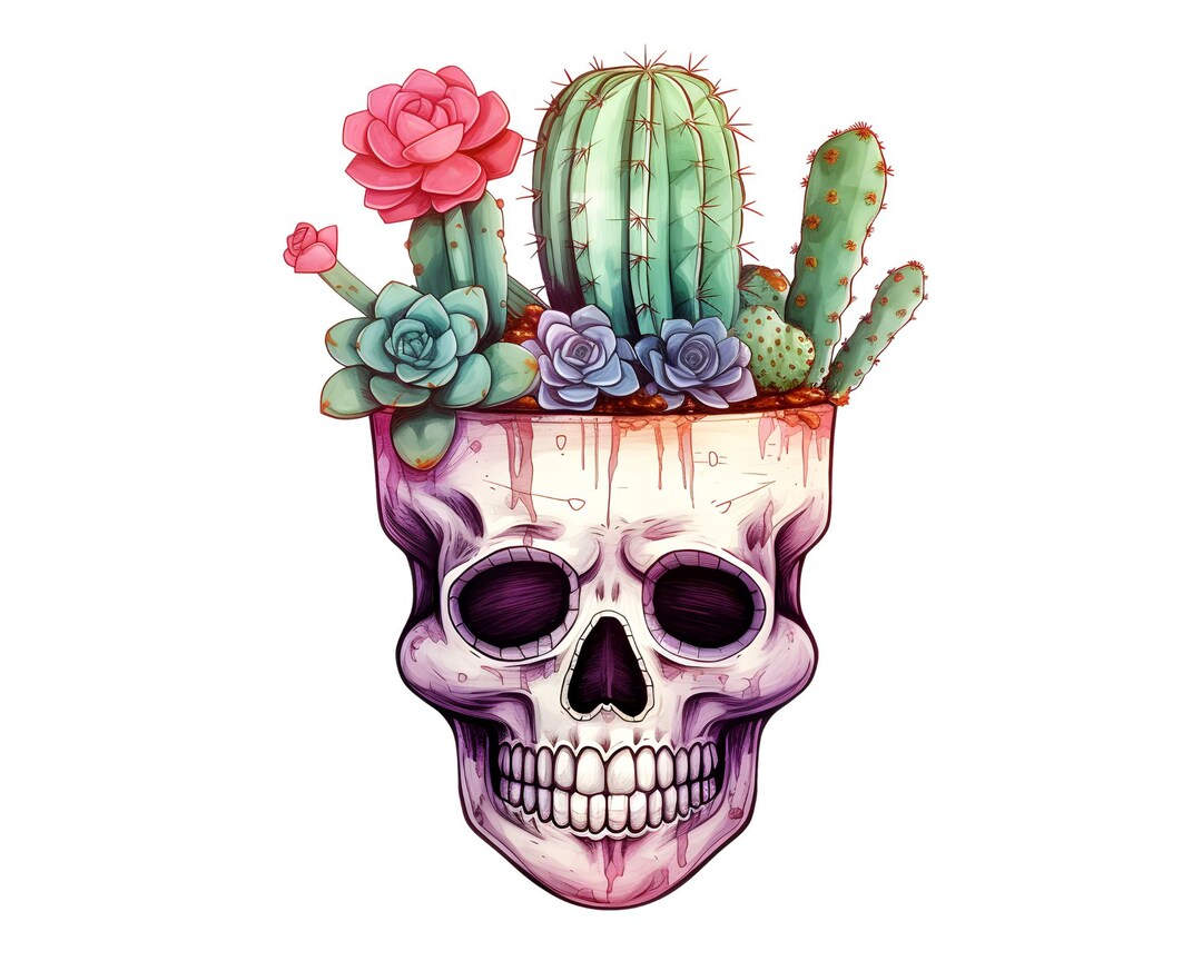 Skull Pot With Cacti Clipart, 16 PNG, Watercolor Halloween Clip Art ...