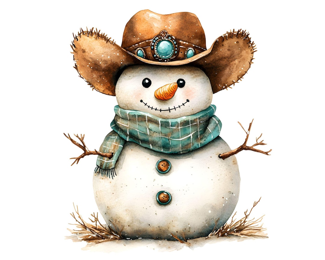 Cowboy Snowman Clipart, 16 PNG, Western Christmas Sublimation Design ...