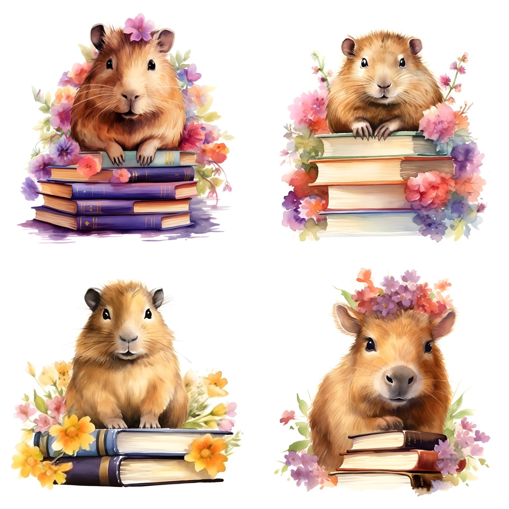 Capybara Sitting on A Stack of Books Clipart, 16 Jpgs, Watercolor Books ...