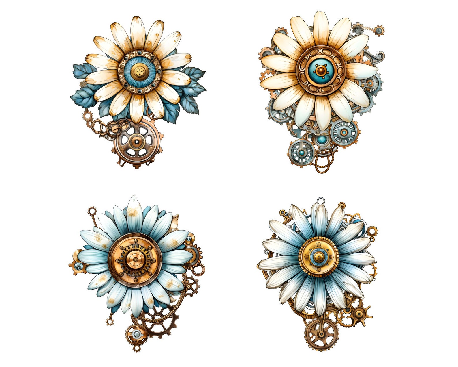 Steampunk Daisy Clipart, 14 PNG, Watercolor Daisy, Scrapbooking, Daisy ...