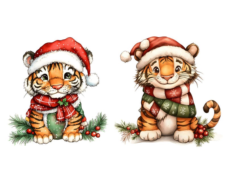 Watercolor Christmas Tiger Clipart: Santa Hat Animal Art (14 JPG ...