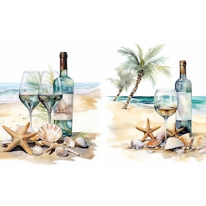 Watercolor Beach Wine Clipart, 24 High Quality JPG, Summer Beach Clip ...