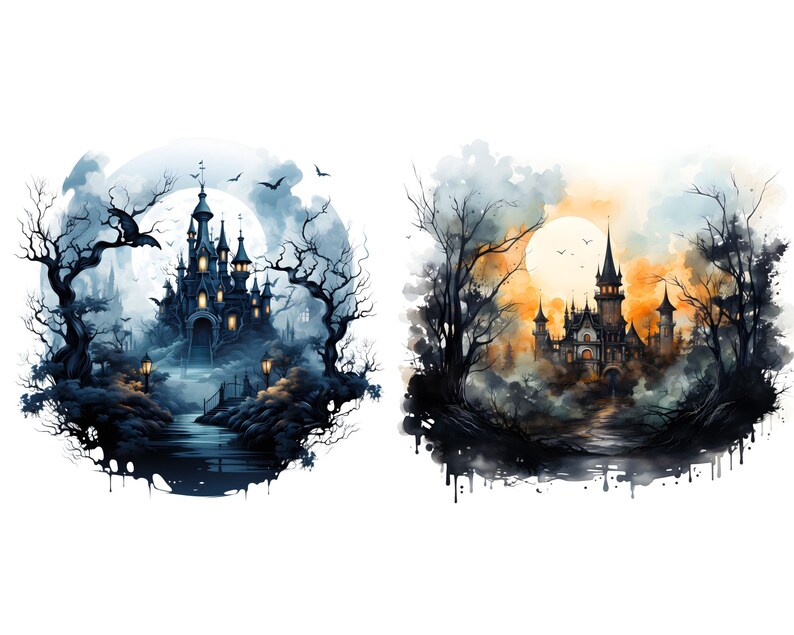 Watercolor Spooky Halloween Castle Clipart: Moonlit Jpgs (commercial ...