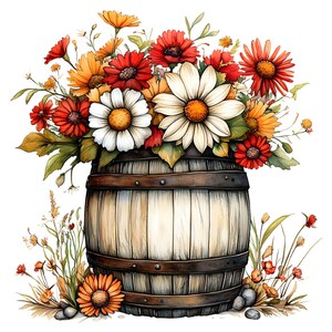 Old Wooden Barrel With Flowers Clipart, 16JPG, Floral Clip Art, Paper ...