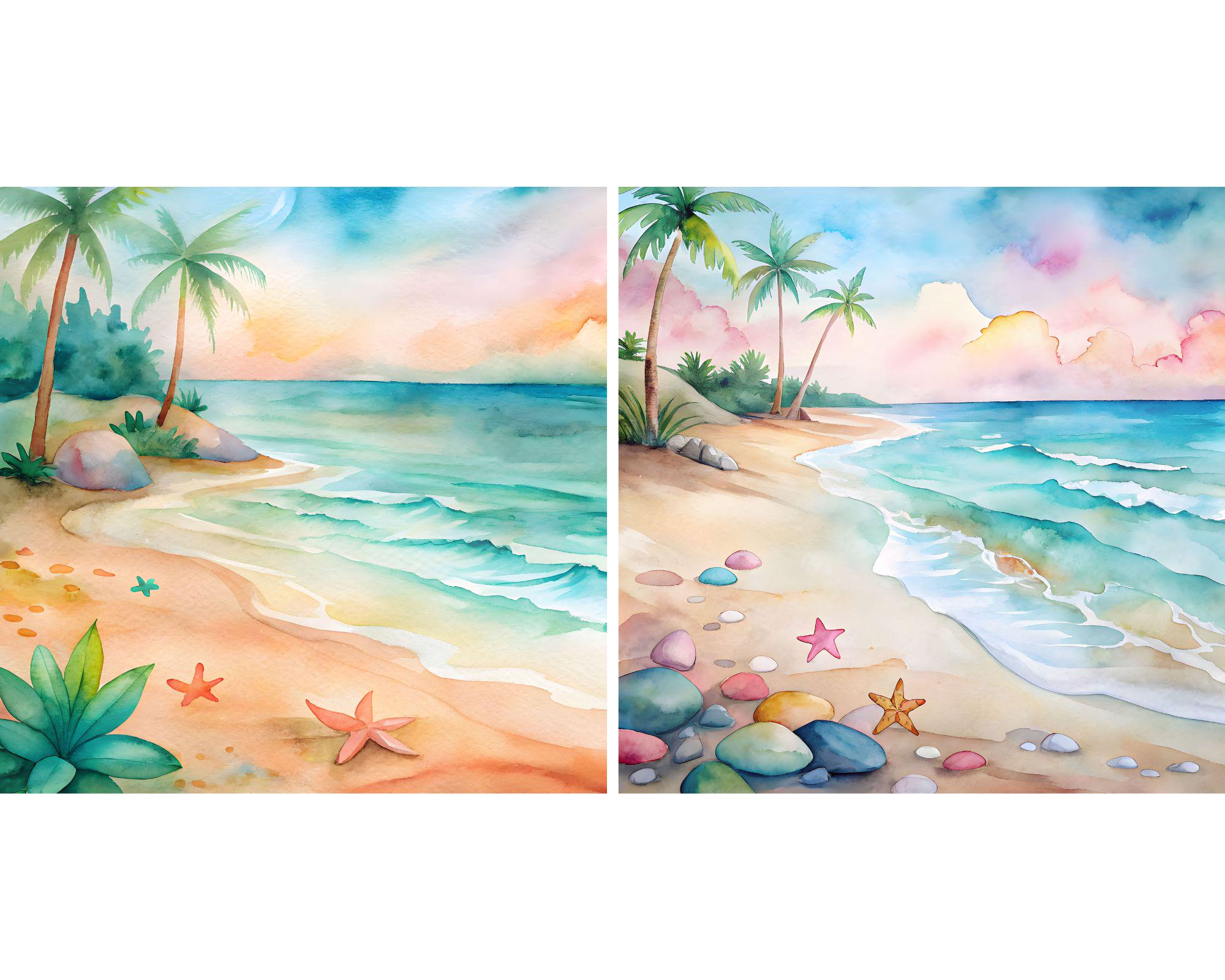 Watercolor Beach Digital Paper: Tropical Coastal Backgrounds (JPG Pack ...