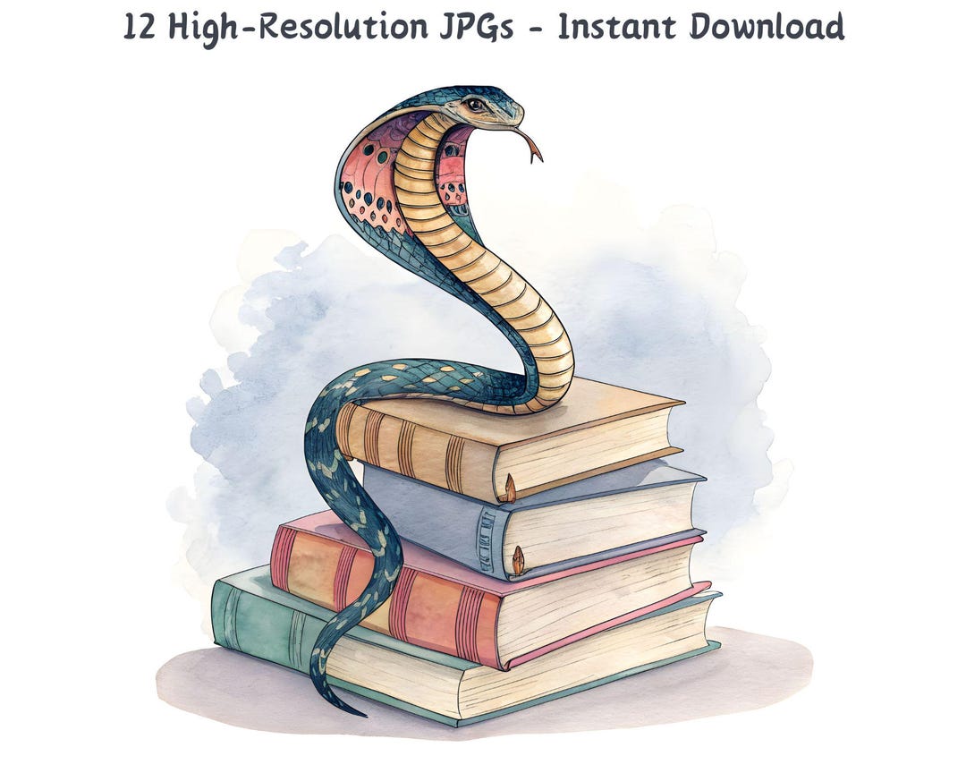Watercolor Cobra Snake on Books Clipart: Mystical Serpent Art (digital ...