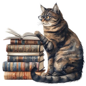 Cat With Books Clipart, 12 HQ PNG, Cute Cats Clip Art, Digital Paper ...