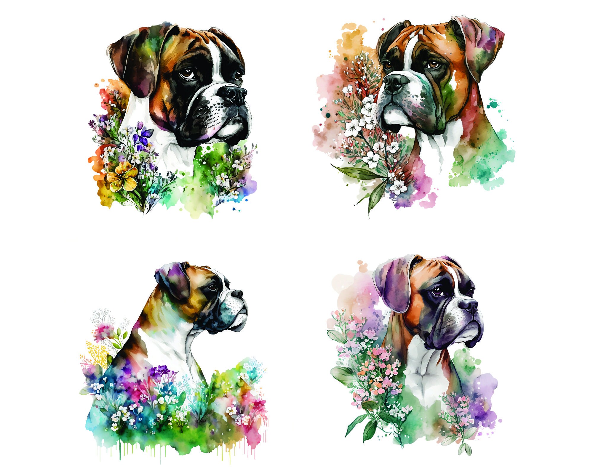 Set of 12 Boxer Clipart, Spring Boxer Dog With Flowers, Watercolor ...