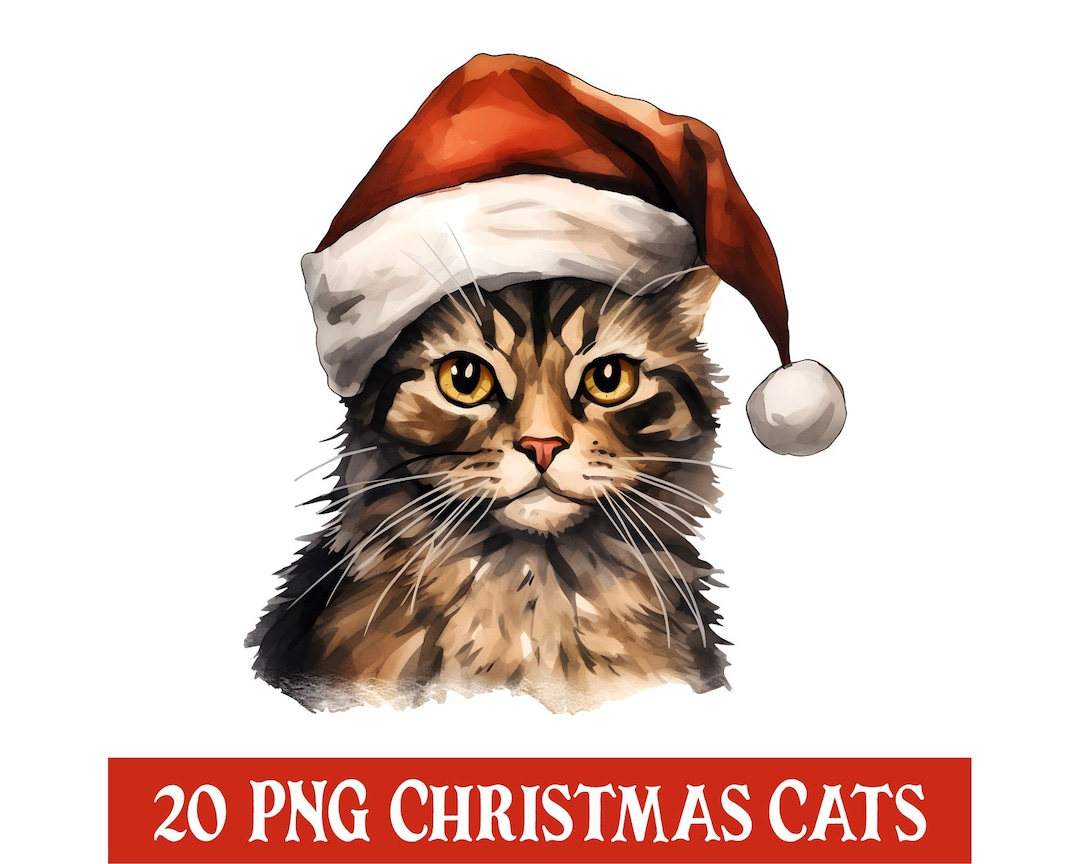 Christmas Cats Clipart, 20 PNG, Cat With Santa Hat, Xmas Clip Art ...
