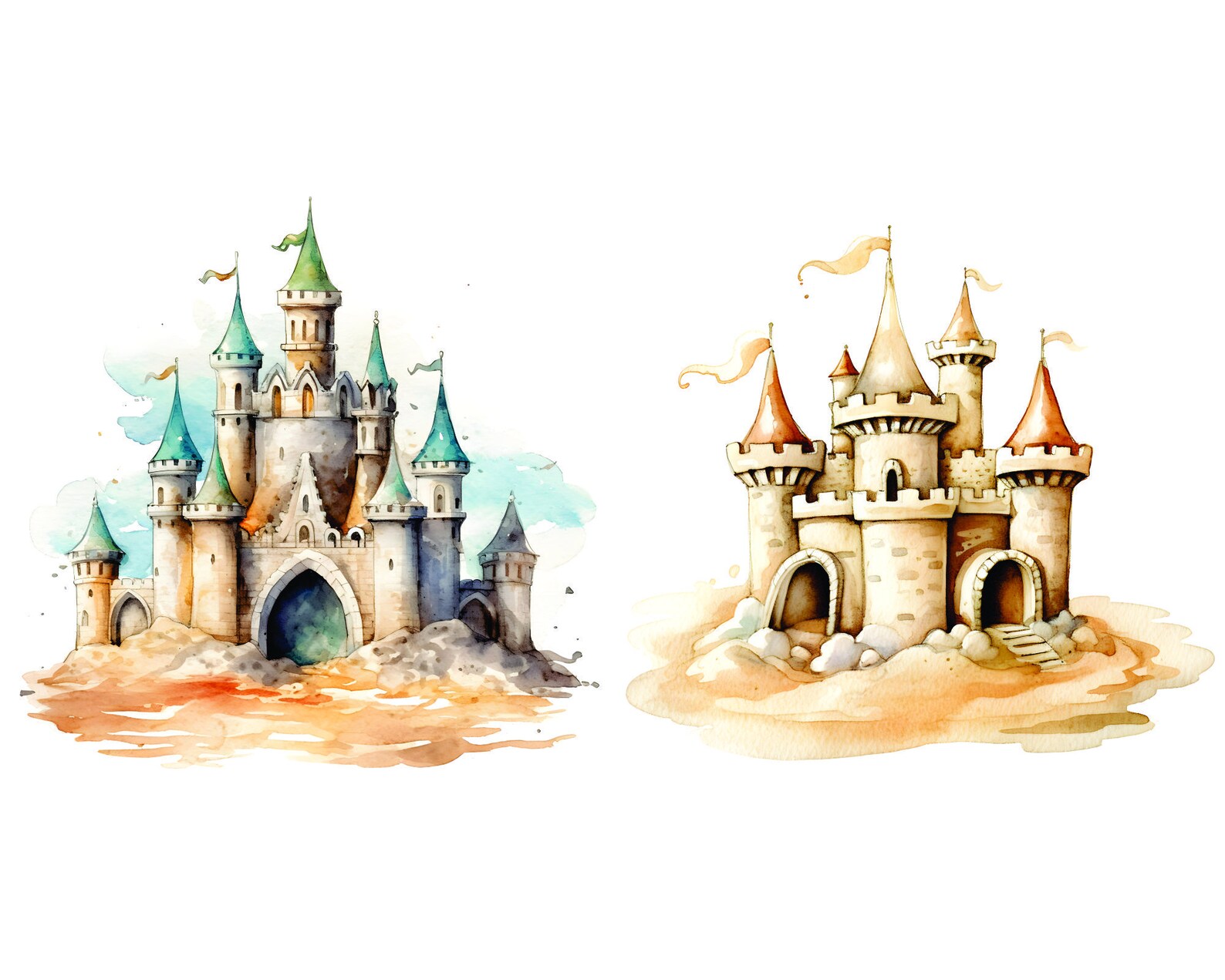 Sandcastle Clipart, 12 Jpgs, Sand Castle Clipart, Watercolor Beach ...