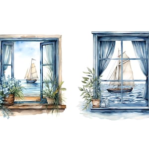 Watercolor Nautical Clipart: Sailing Boat Window View (20 PNG Digital ...