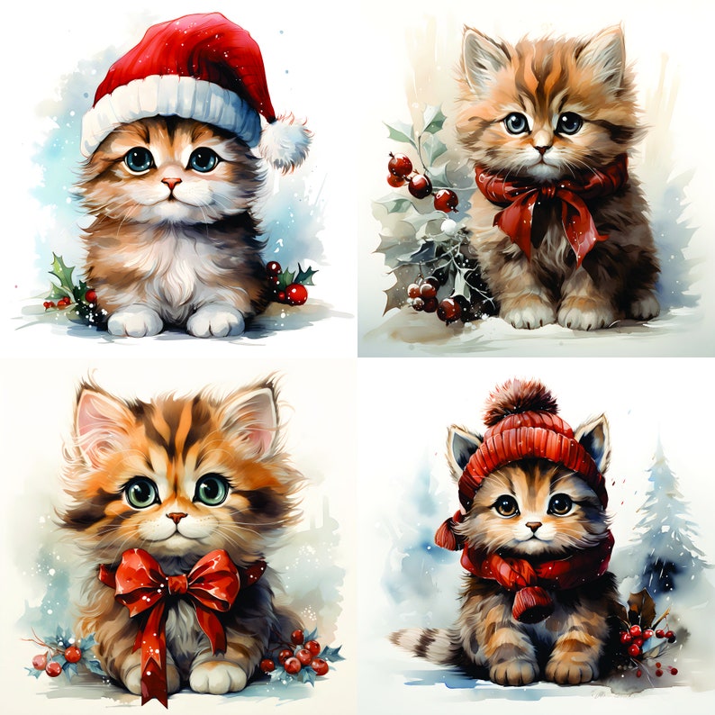 Christmas Cats Digital Paper, Printable Christmas Wall Art, Watercolor ...