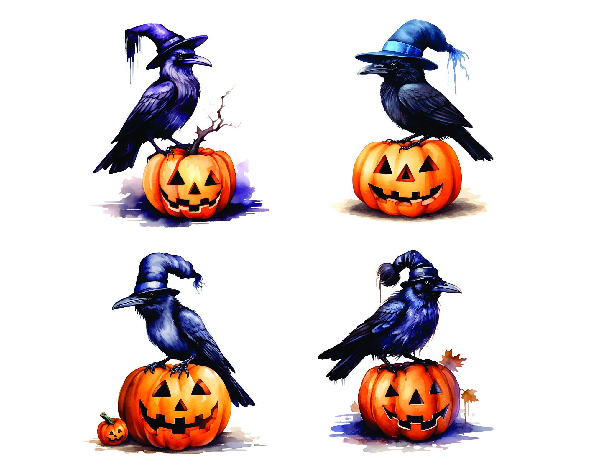 Halloween Crow Clipart 16 Jpgs Watercolor Crow Raven - Etsy