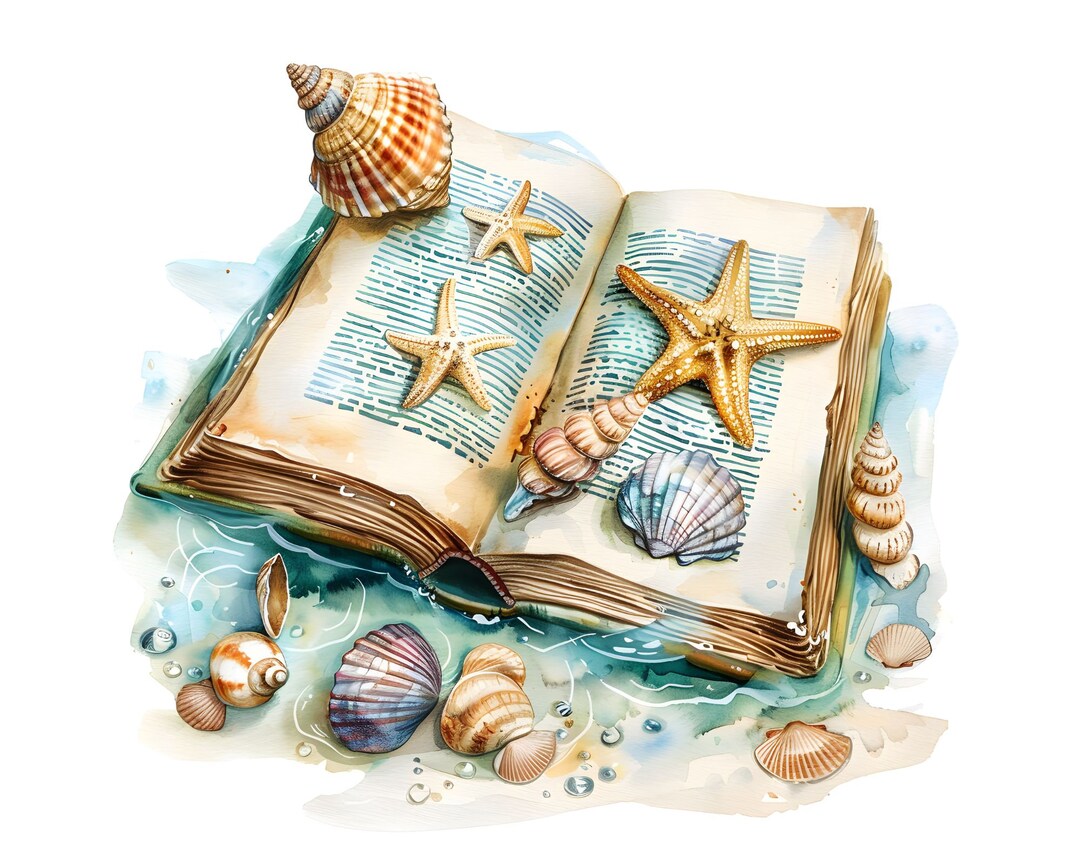 Watercolor Beach Book Clipart, 20 PNG, Books With Shells and Starfish ...