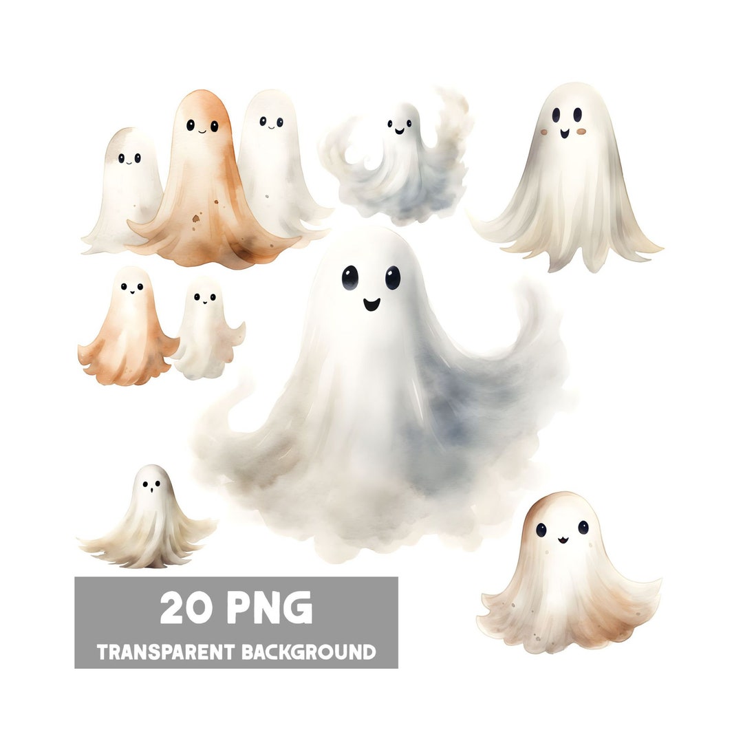 Cute Ghost Clipart, 20 PNG, Watercolor Halloween Clip Art, Sublimation ...