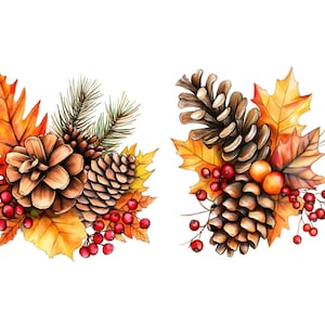 Watercolor Autumn Leaves Clipart: Pine Cones & Berries (JPG Digital ...
