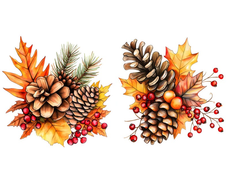 Watercolor Autumn Leaves Clipart: Pine Cones & Berries (JPG Digital ...