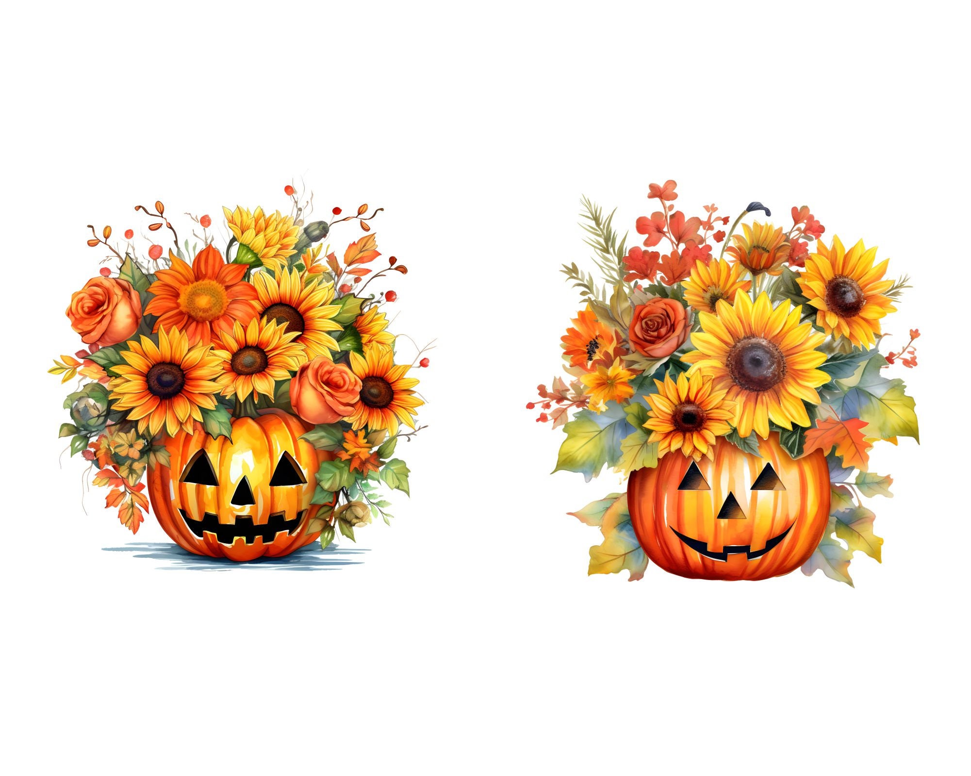 Pumpkin Pot Halloween Flowers Clipart, 14 Jpgs, Watercolor Halloween ...