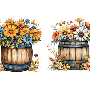 Old Wooden Barrel With Flowers Clipart, 16JPG, Floral Clip Art, Paper ...