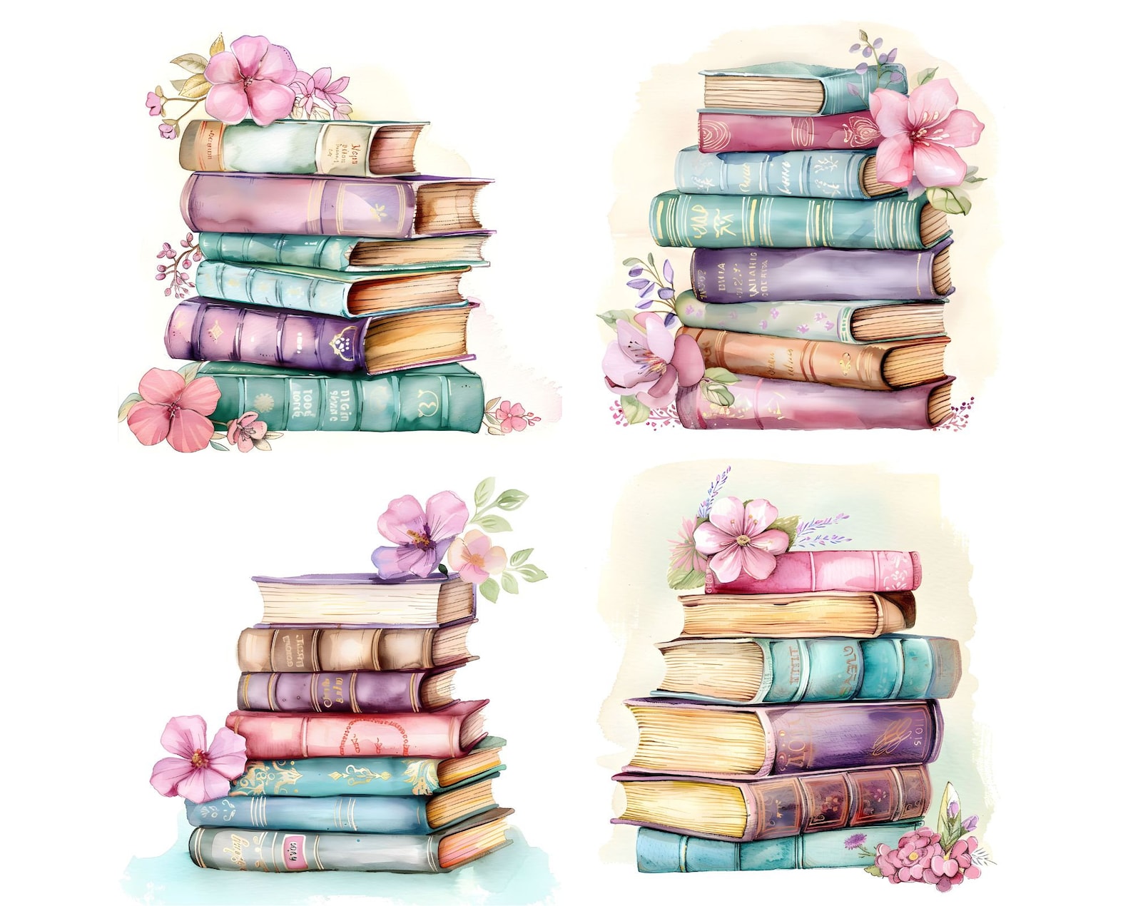 Watercolor Stack of Books Clipart: Shabby Chic JPG Images (digital ...