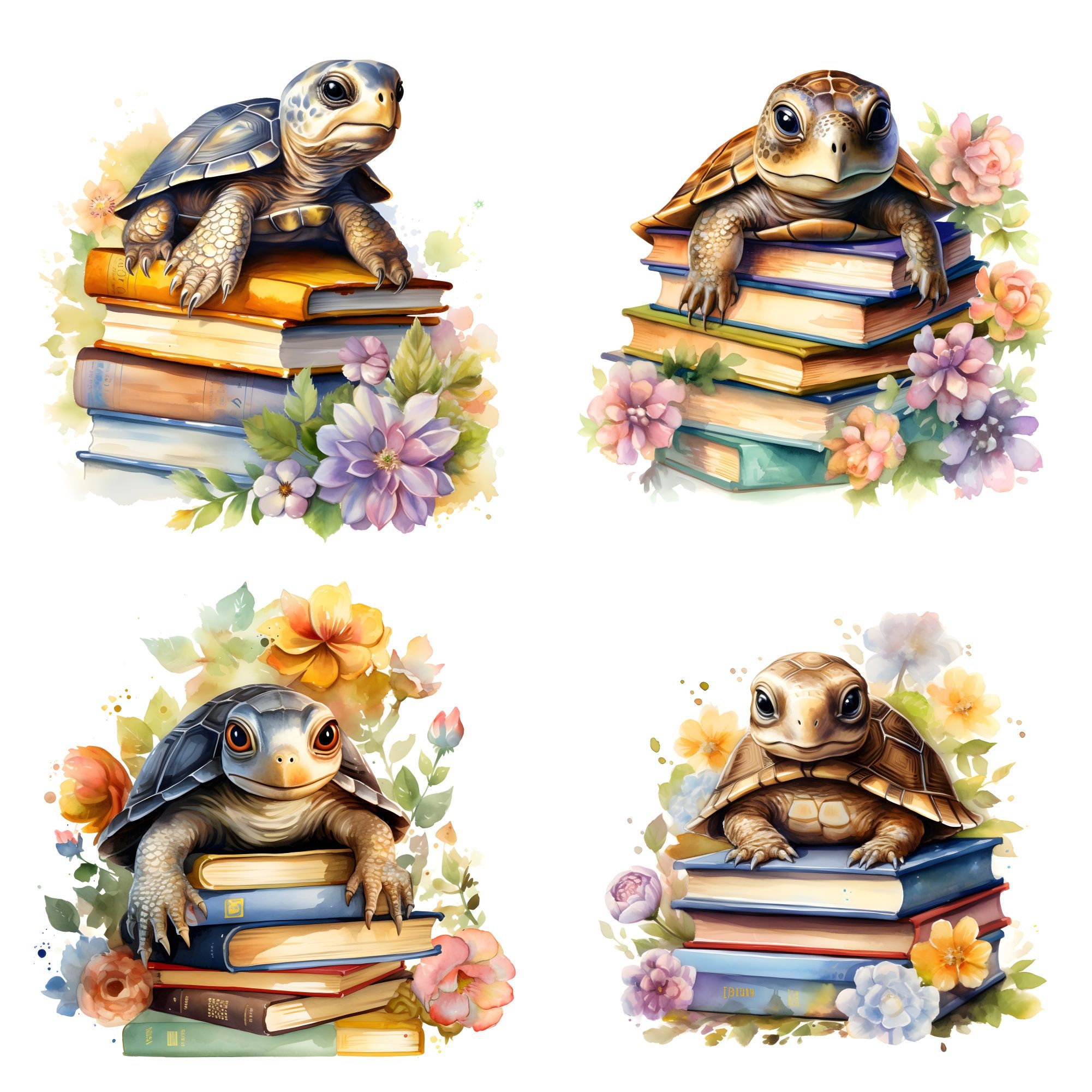 Turtle Sitting on A Stack of Books Clipart, 16 Jpgs, Watercolor Books ...