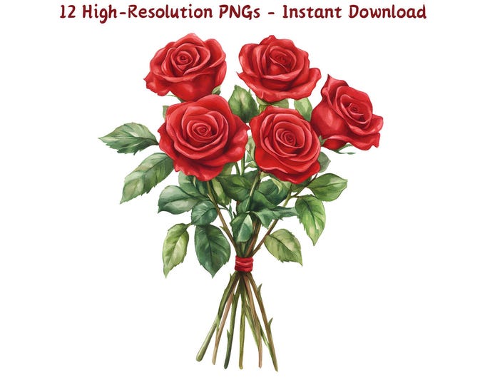 Vintage Roses Valentine's Day Clipart, Watercolor Deep Red Roses Art ...