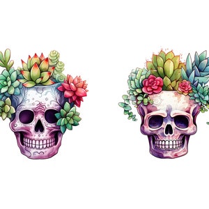 Skull Pot With Cacti Clipart, 16 PNG, Watercolor Halloween Clip Art ...