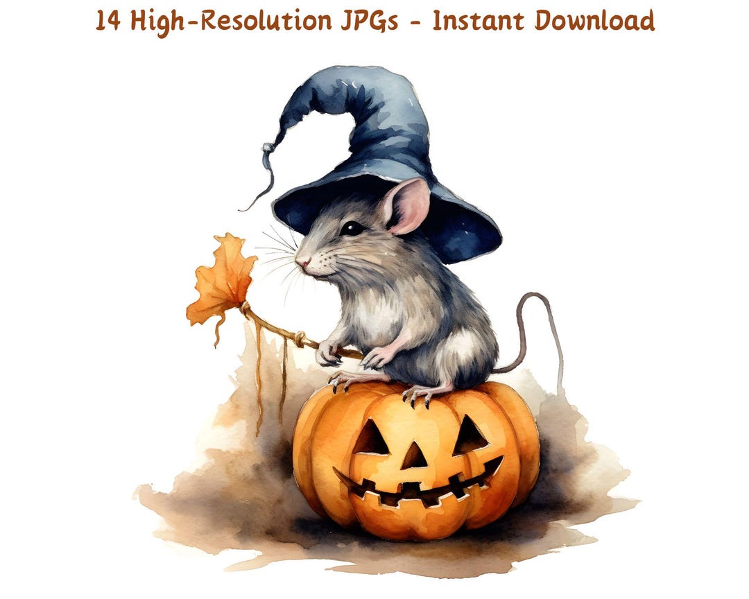 Watercolor Halloween Mouse Clipart: Witch Hat, Pumpkin (JPG Digital ...