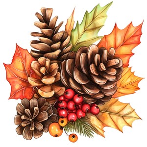 Watercolor Autumn Leaves Clipart: Pine Cones & Berries (JPG Digital ...