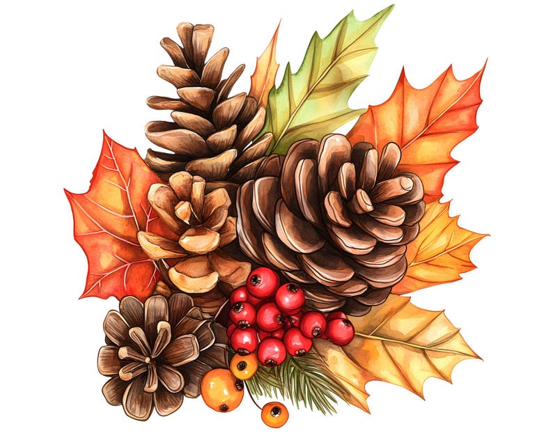 Watercolor Autumn Leaves Clipart: Pine Cones & Berries (JPG Digital ...