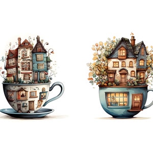 Whimsical Coffee Mug House Clipart, 16 JPG, Watercolor Clip Art ...