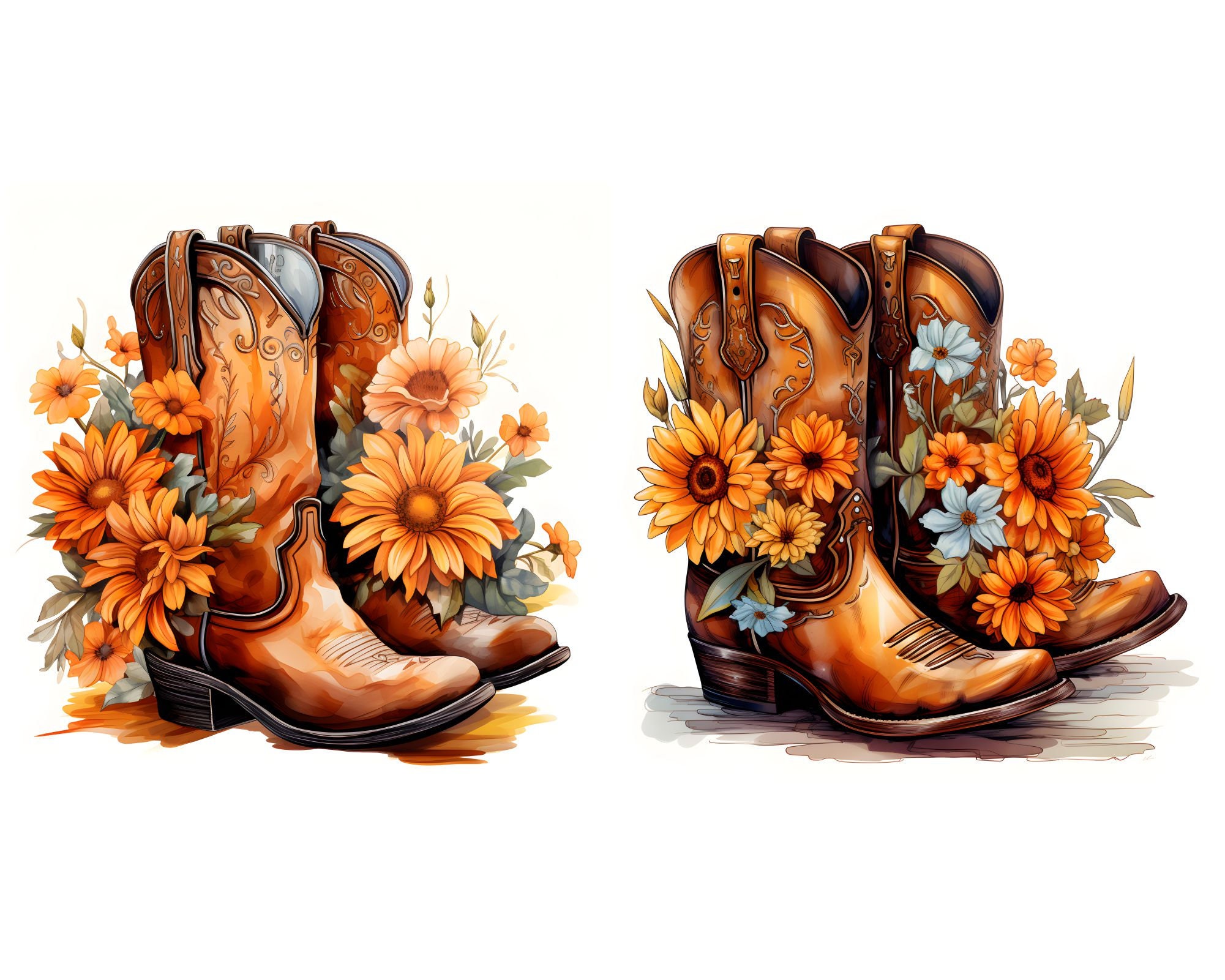 Watercolor Cowboy Boots Clipart: Floral Western Design (12 JPG Files ...