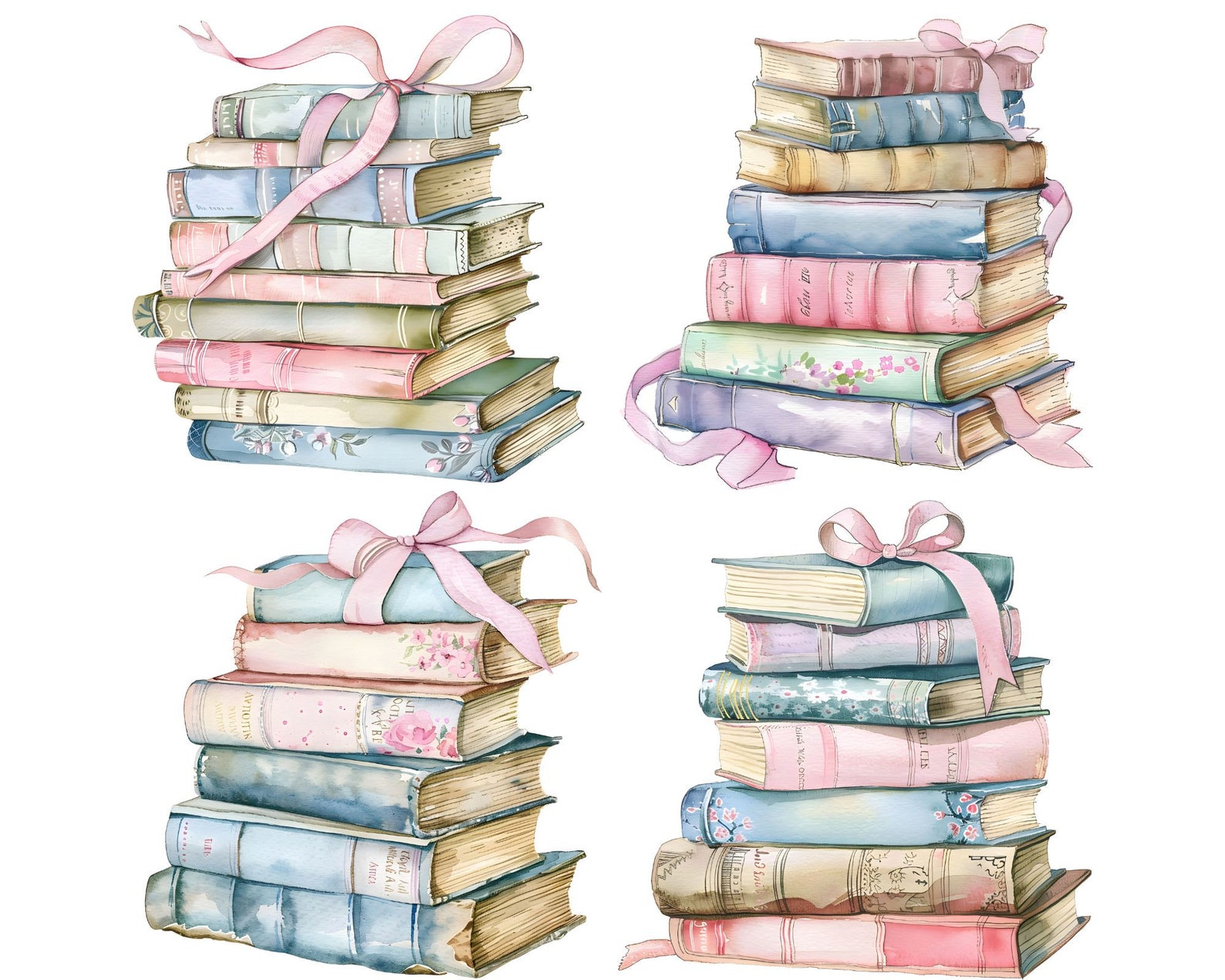 Watercolor Stack of Books Clipart: Shabby Chic JPG Images (digital ...