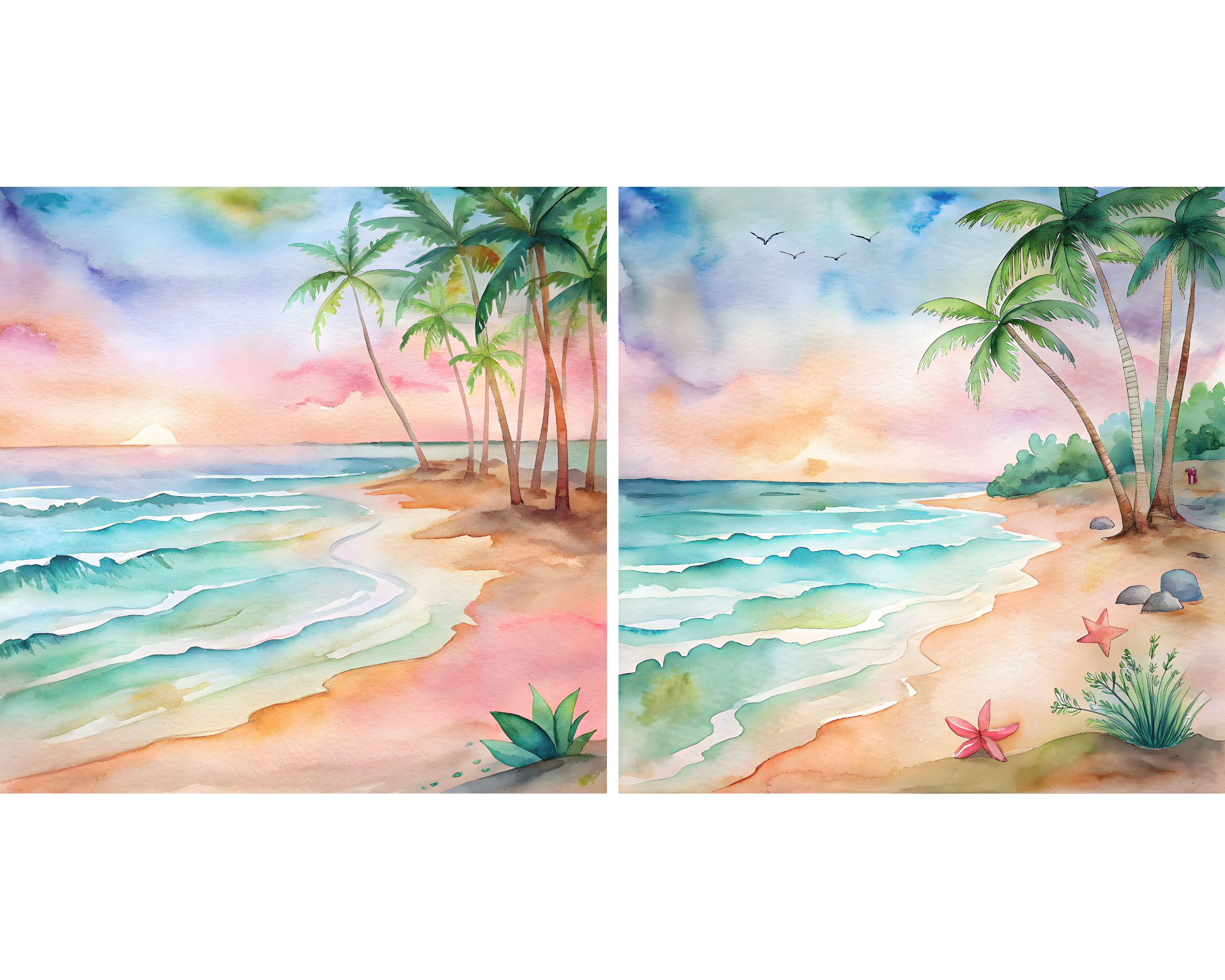 Watercolor Beach Digital Paper: Tropical Coastal Backgrounds (JPG Pack ...