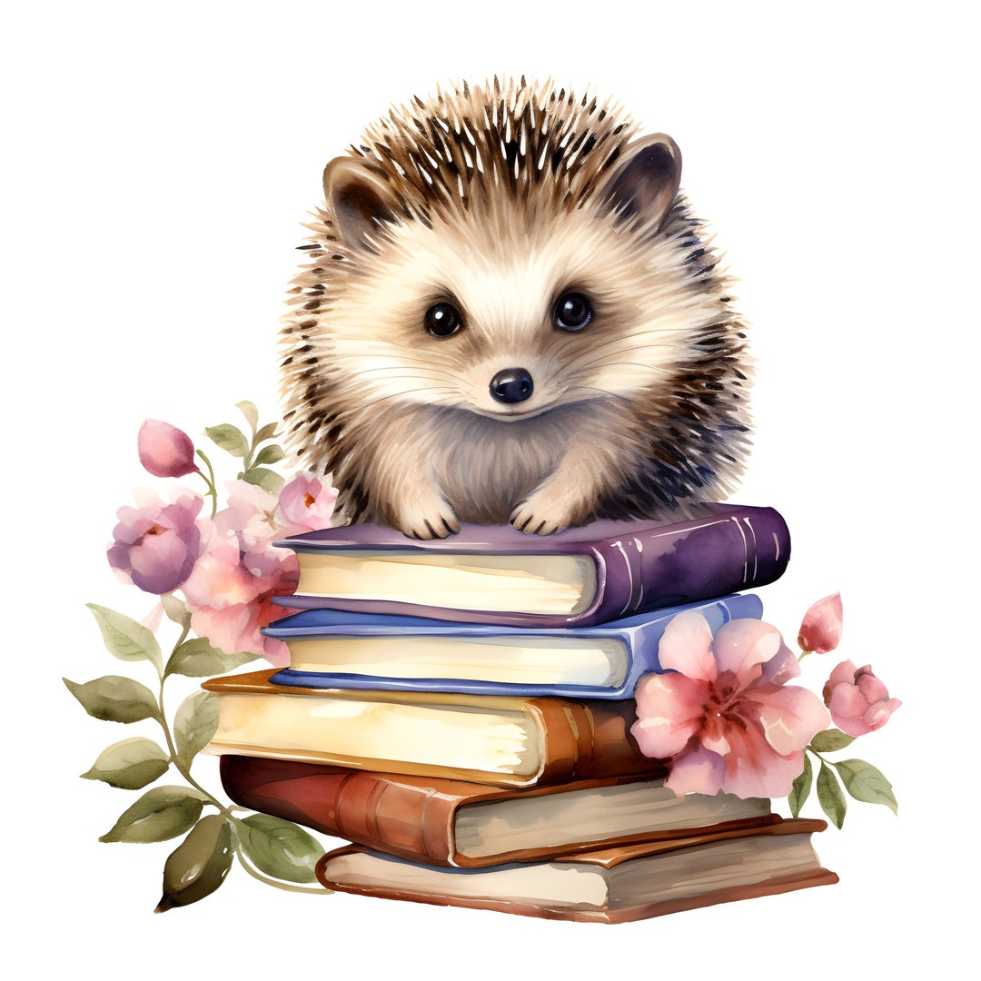 Hedgehog Sitting on A Stack of Books Clipart, 16 Jpgs, Watercolor Books ...