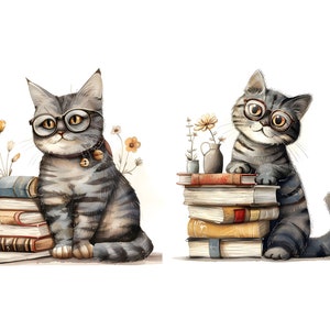 Cat With Stack of Books Clipart, 16 JPG, Watercolor Kitten, Cute Cat ...
