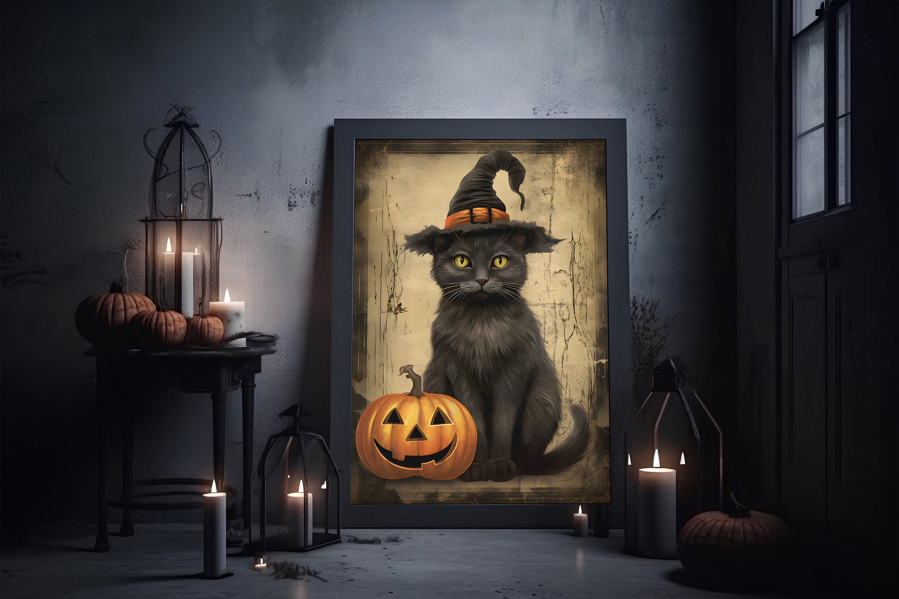 Halloween Witch Cat Printable Wall Art, Vintage Halloween Wall Art ...