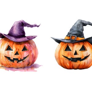 Watercolor Halloween Pumpkin Clipart: Witch Hat, Spooky Illustration ...