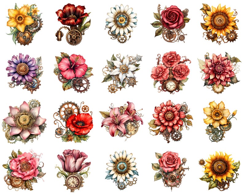 Steampunk Flowers Clipart: Watercolor PNG Bundle for Scrapbooking (210 ...