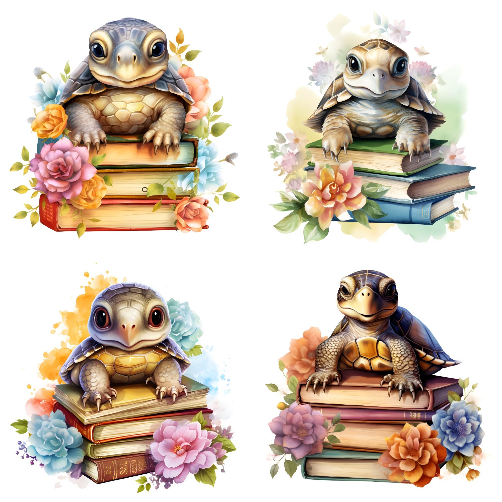 Turtle Sitting on A Stack of Books Clipart, 16 Jpgs, Watercolor Books ...